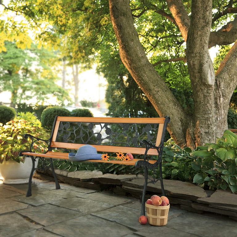 49 Garden Bench Retro Iron Loveseat with Rose Style Back Patio Porch Chair Steel Frame Bench with Backrest and Armrests for Lawn Balcony