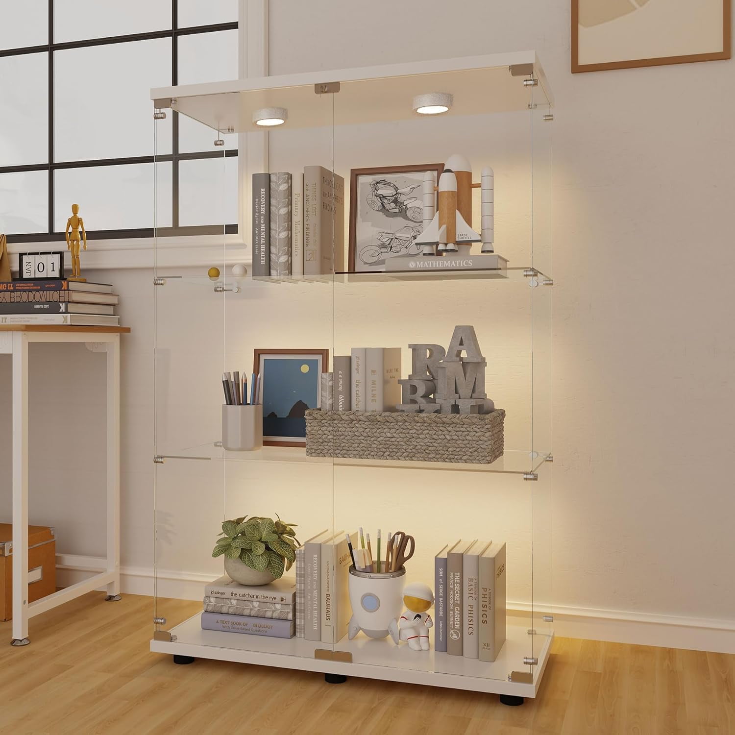 49" H 2 Doors Tempered Glass Display Cabinet with LED Light, 3-Shelf ...