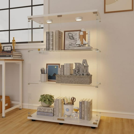 49" H 2 Doors Tempered Glass Display Cabinet with LED Light, 3-Shelf ...