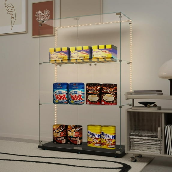49" H 2 Doors Tempered Glass Display Cabinet with LED Light Strip, 3 ...