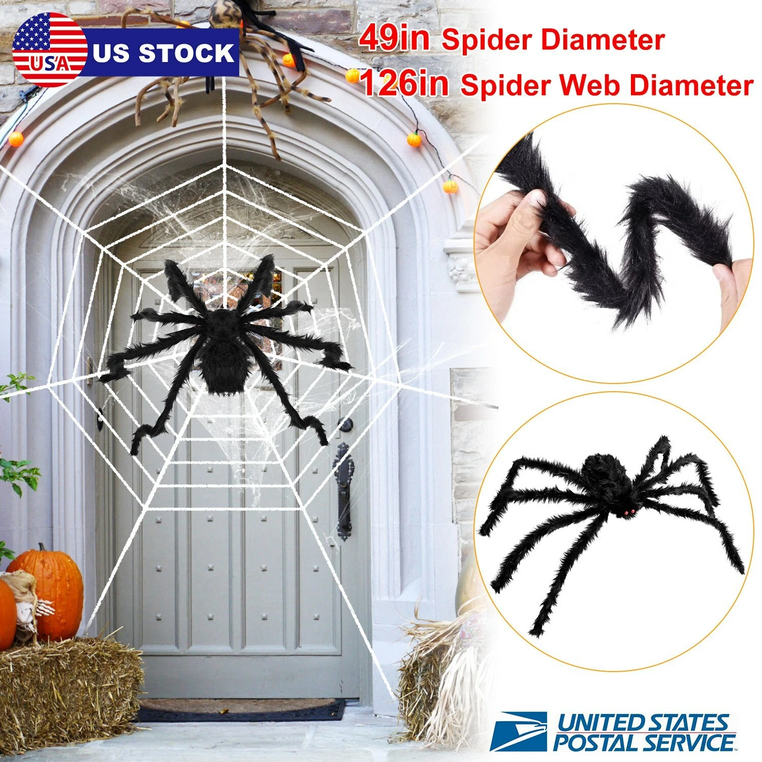 49" Halloween Giant Scary Spider +Spider Web Outdoor Haunted Party ...