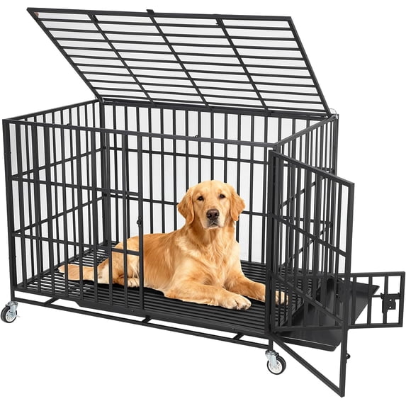 49 Inch Heavy Duty Escape Proof Dog Crate, Durable Metal Kennel with 3 ...