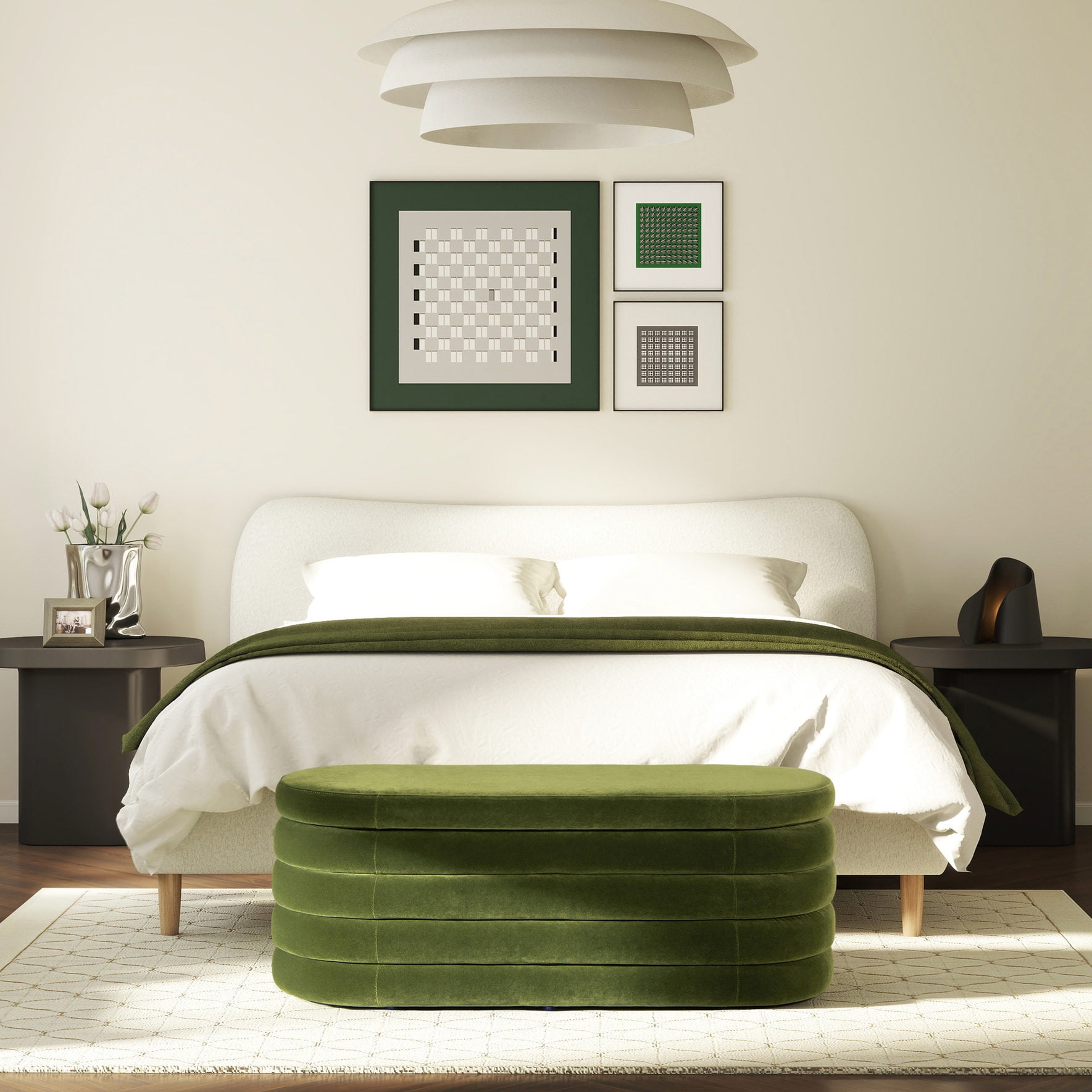 49-Inch Plush Tufted Oval Storage Bench in Olive Green - Mid-Century ...