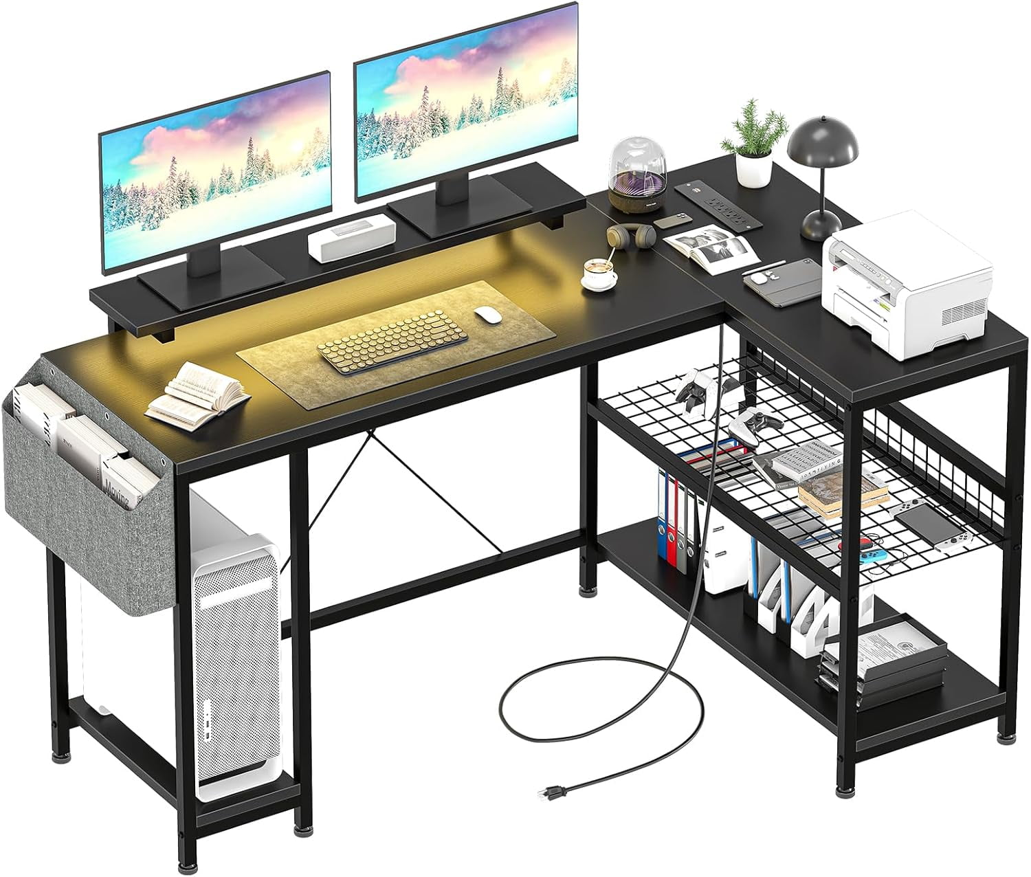 49" L Shaped Desk with Power Outlet & LED Lights, Reversible Corner ...