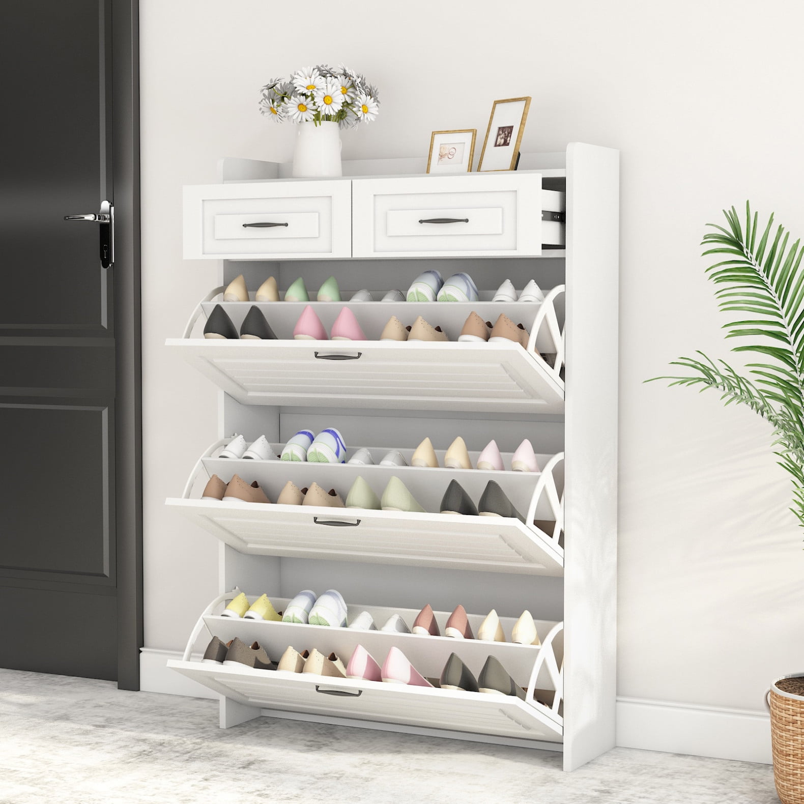 49 Large Shoe Storage Cabinet Modern Multi Function Free Standing Shoe Rack Organizer with 3 Flip Drawers Narrow Chest for Living Room Entryway