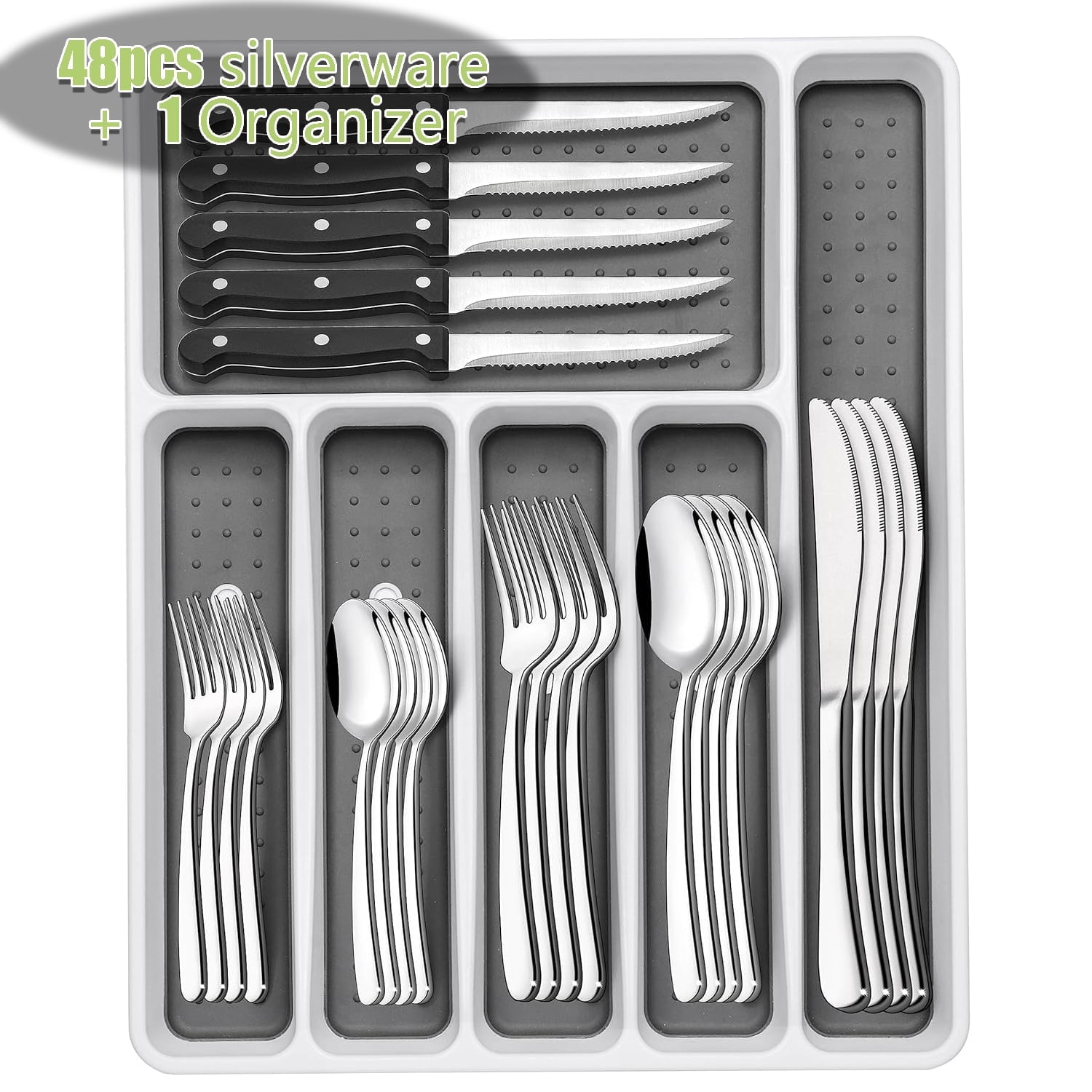 49-Piece Silverware Set with Organizer, Heavy Duty Stainless Steel ...