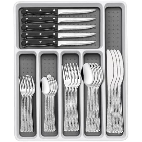49-Piece Silverware Set with Organizer, Stainless Steel Tree Pattern ...