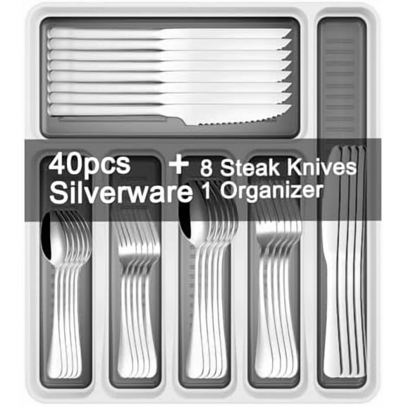 49PCS Silverware Set with Organizer, Stainless Steel Flatware Drawer ...