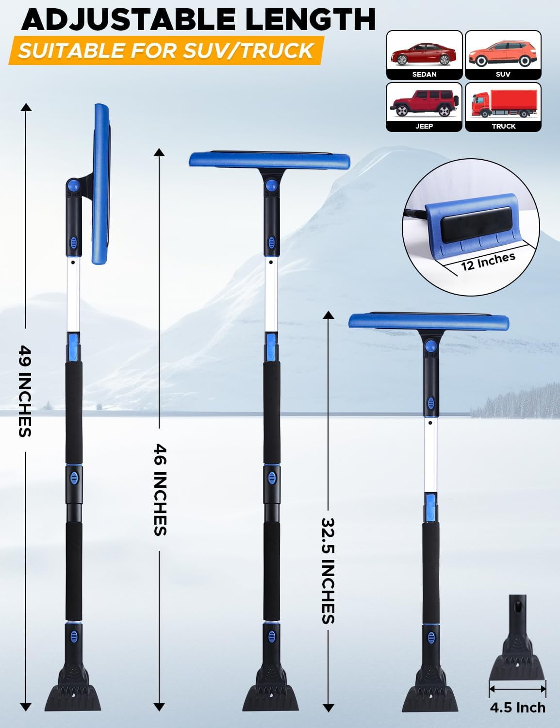 49" Snow Broom with Ice Scraper for Car Windshield & Windows | Scratch ...