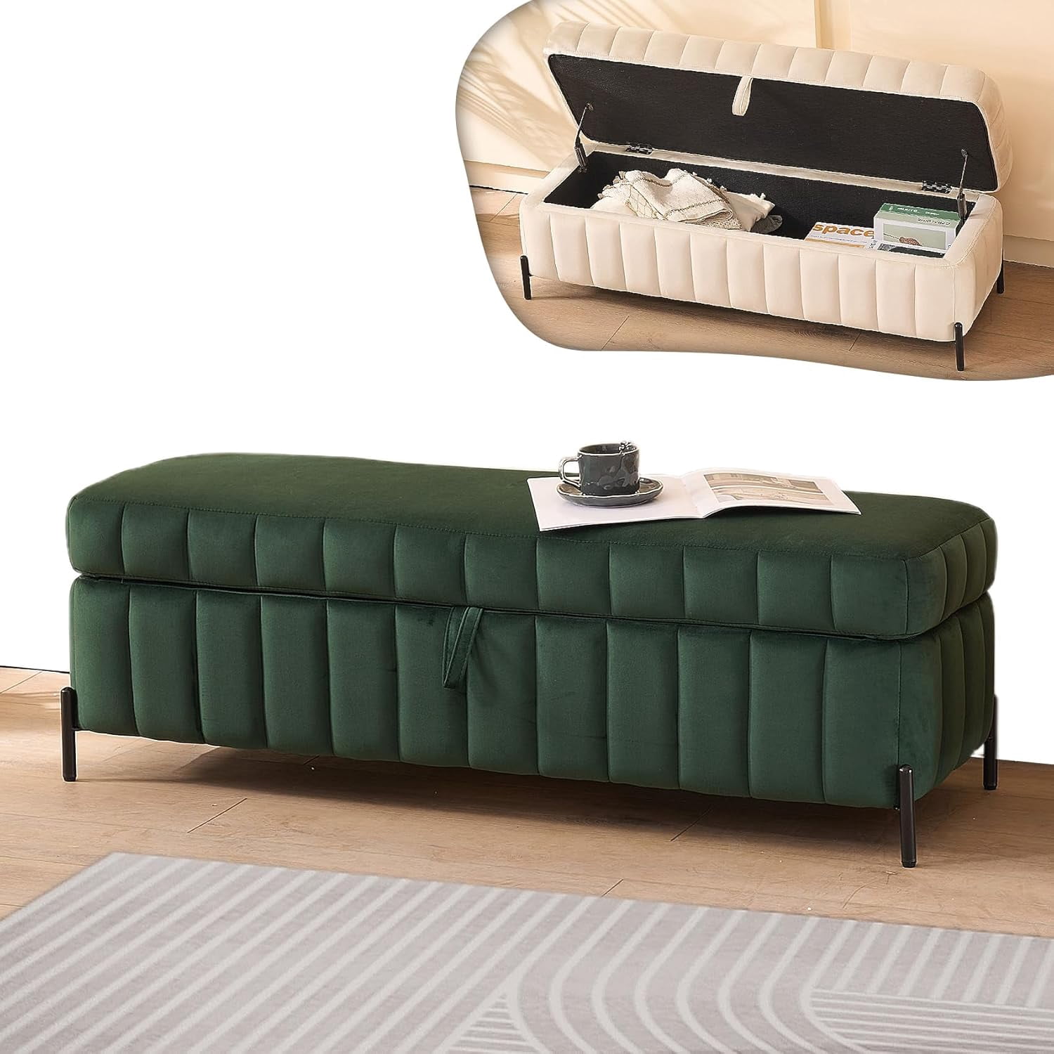 49" Storage Ottoman with Metal Legs, Upholstered End of Bed Storage ...
