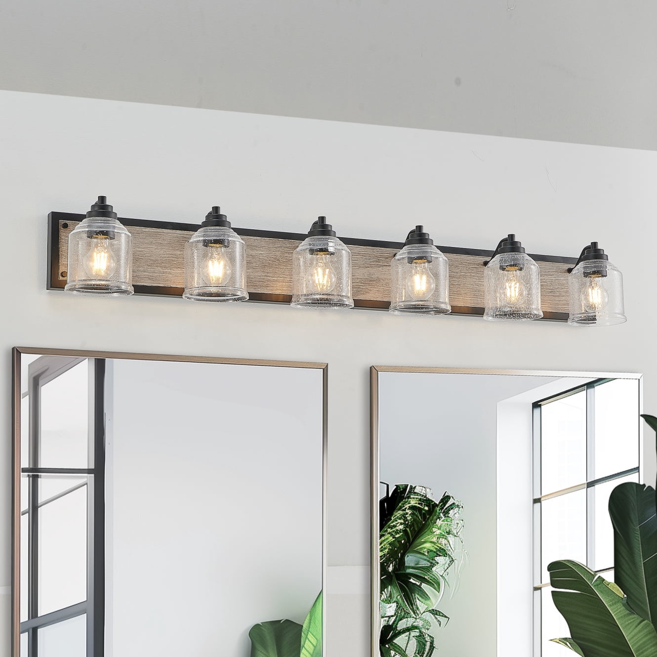 49" Vanity Light Fixture with Lampshades, Combining Metal and Wood ...
