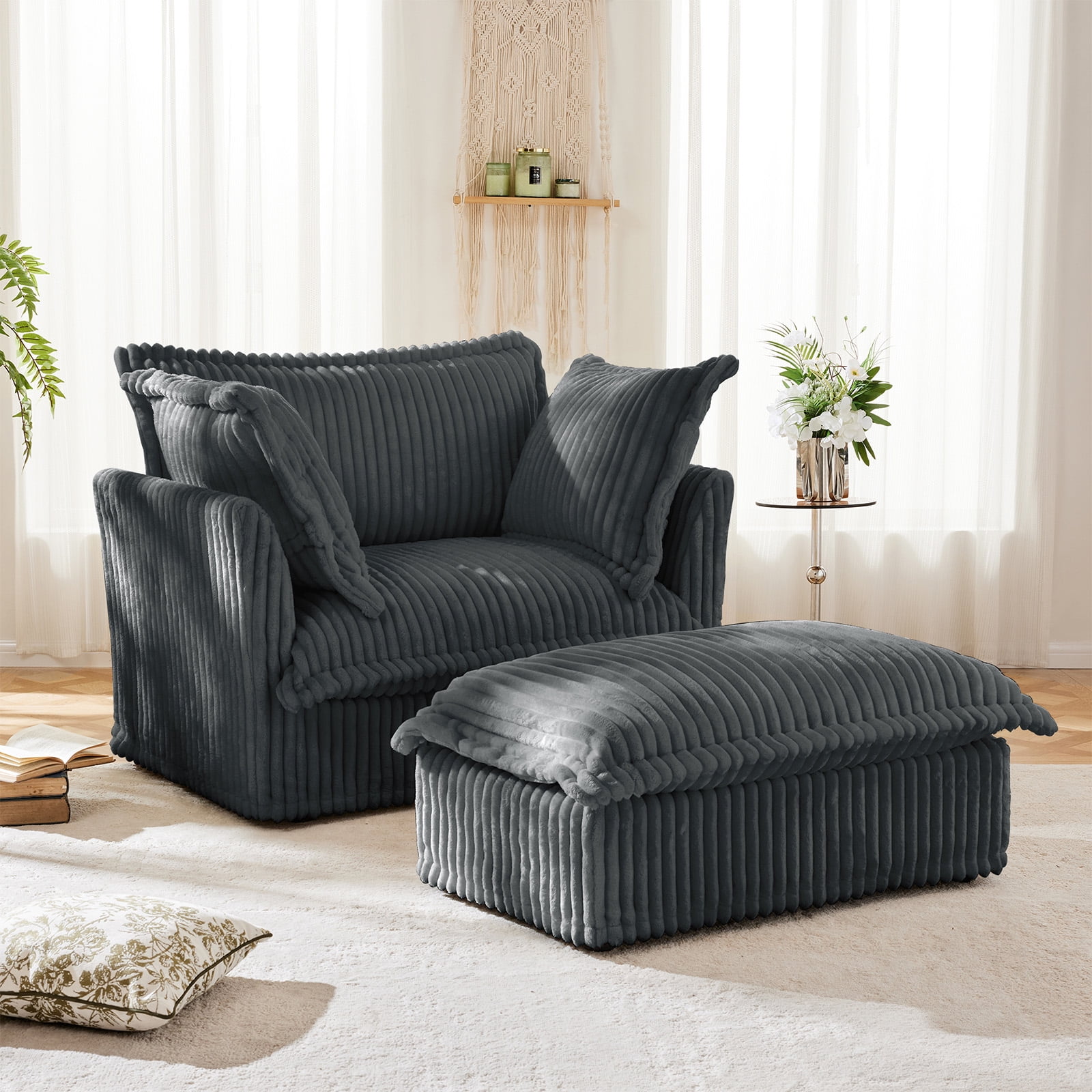 49"W Oversized Chair with Ottoman, Upholstered Slipcovered Deep Seat ...