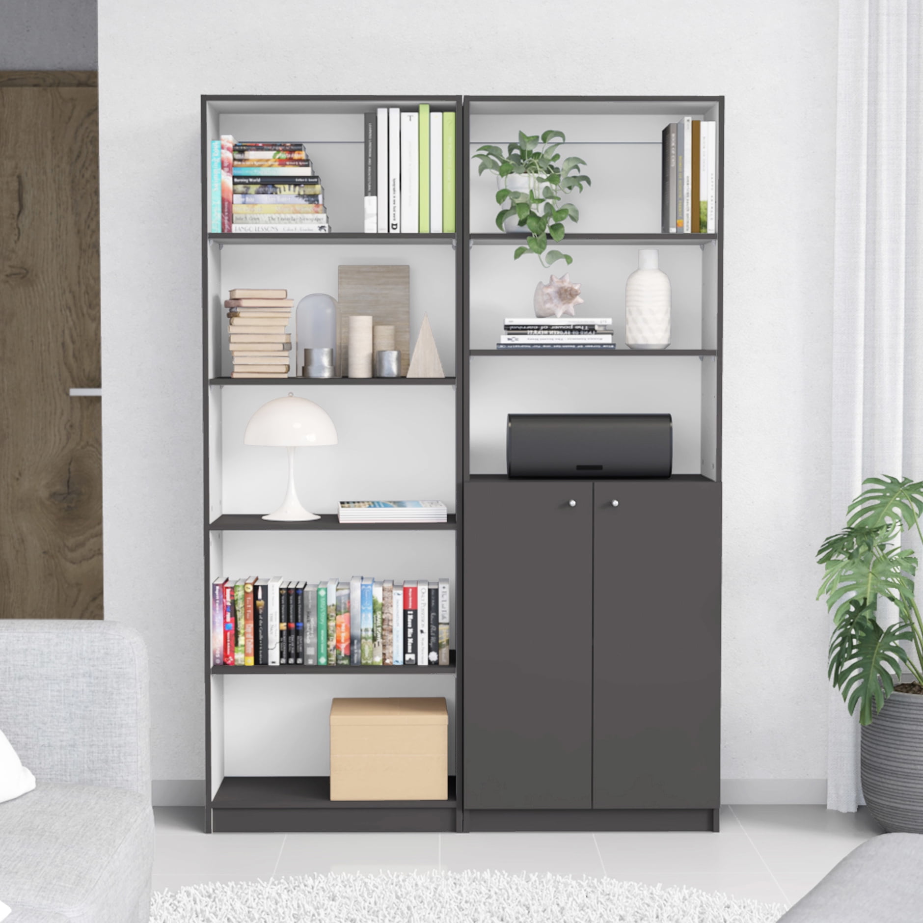 49" Wide Bookcases, Matte Gray - White, 8 Shelves & Double Door Cabinet ...