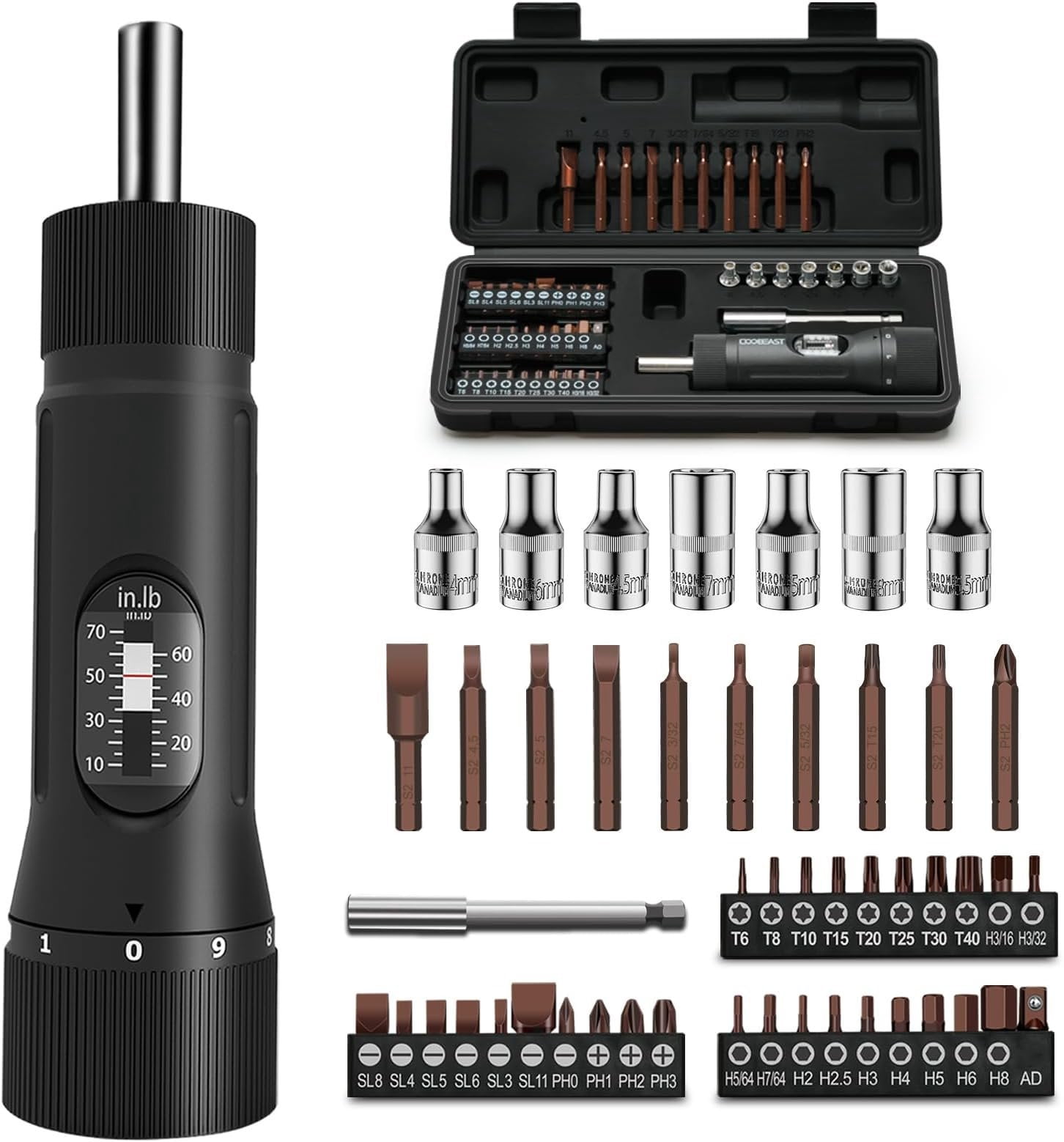 49 count Torque 10-70 Inch Pound Torque Set with S2 Bits & Sockets, 1/4 ...