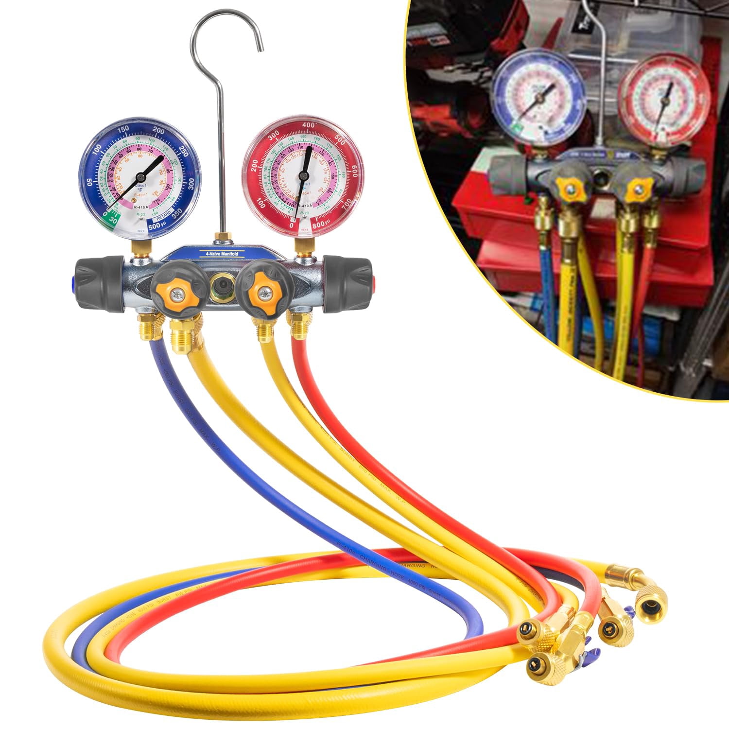 49968 Charging Manifold and 4 Valve Test Kit, A/C Manifold Gauge Tool ...