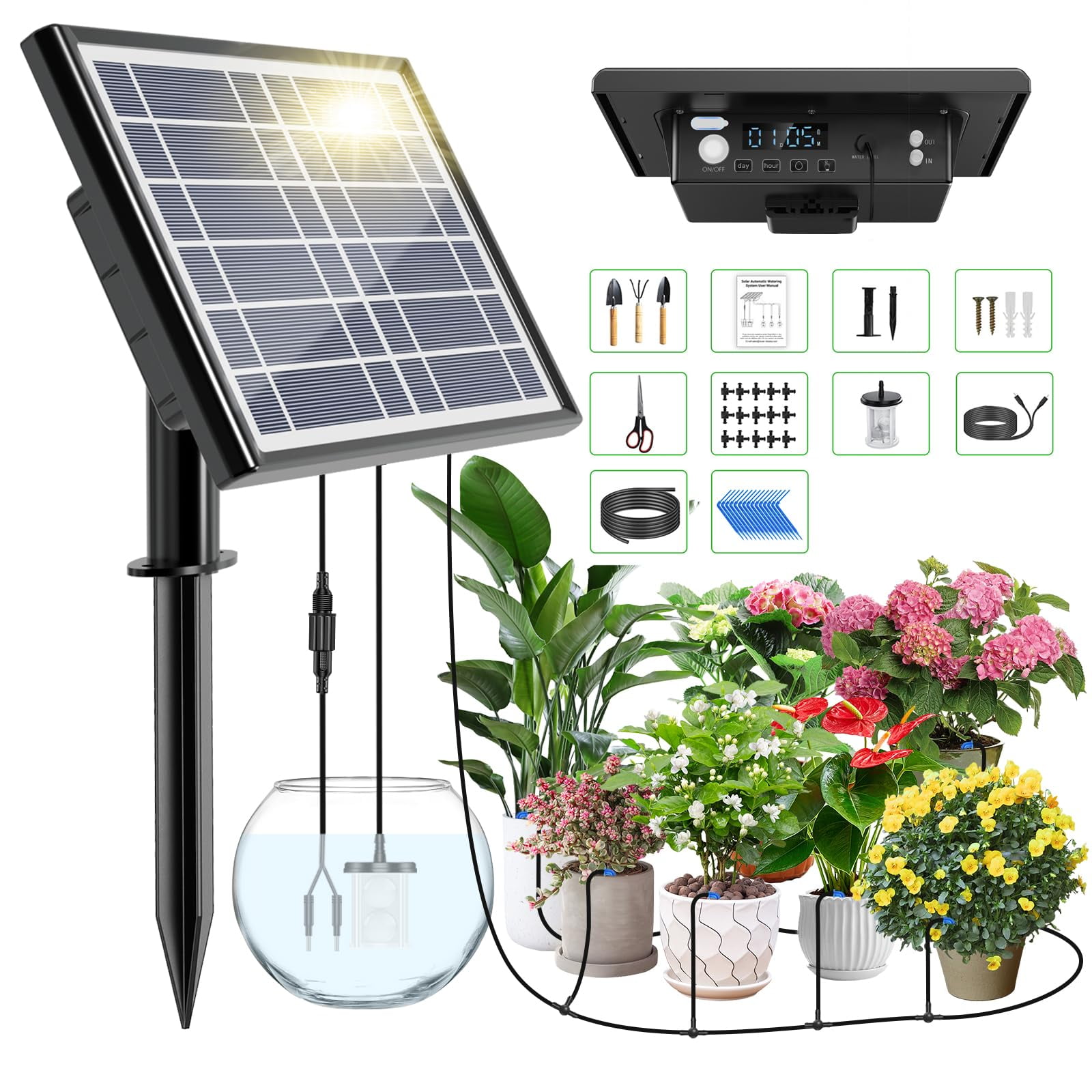 49FT Solar Drip Irrigation Kit with Digital Screen, Watering Kit for 15 ...