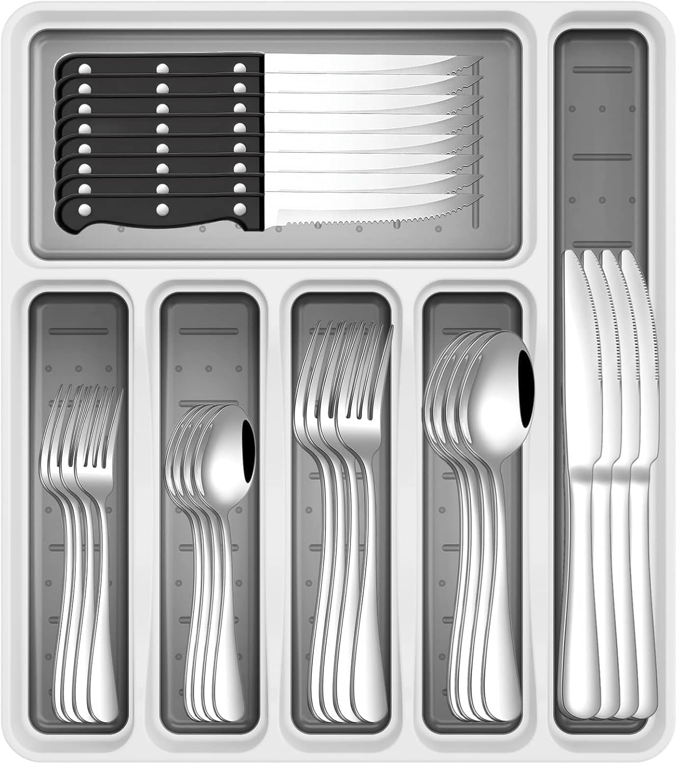 49PCS Silverware Set with Organizer, Stainless Steel Flatware Drawer ...
