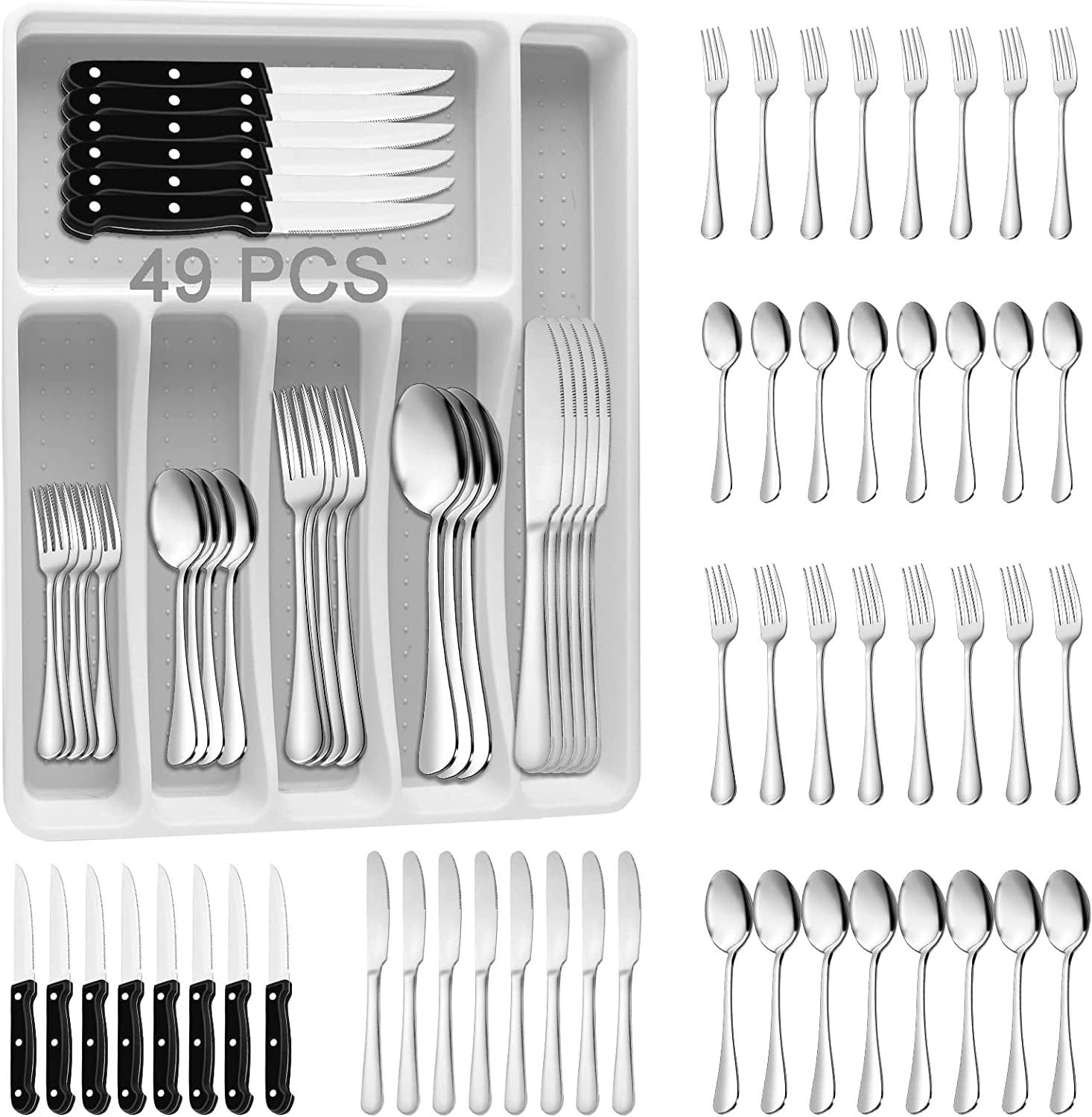 49PCS Silverware Set with Organizer, Stainless Steel Flatware Drawer ...