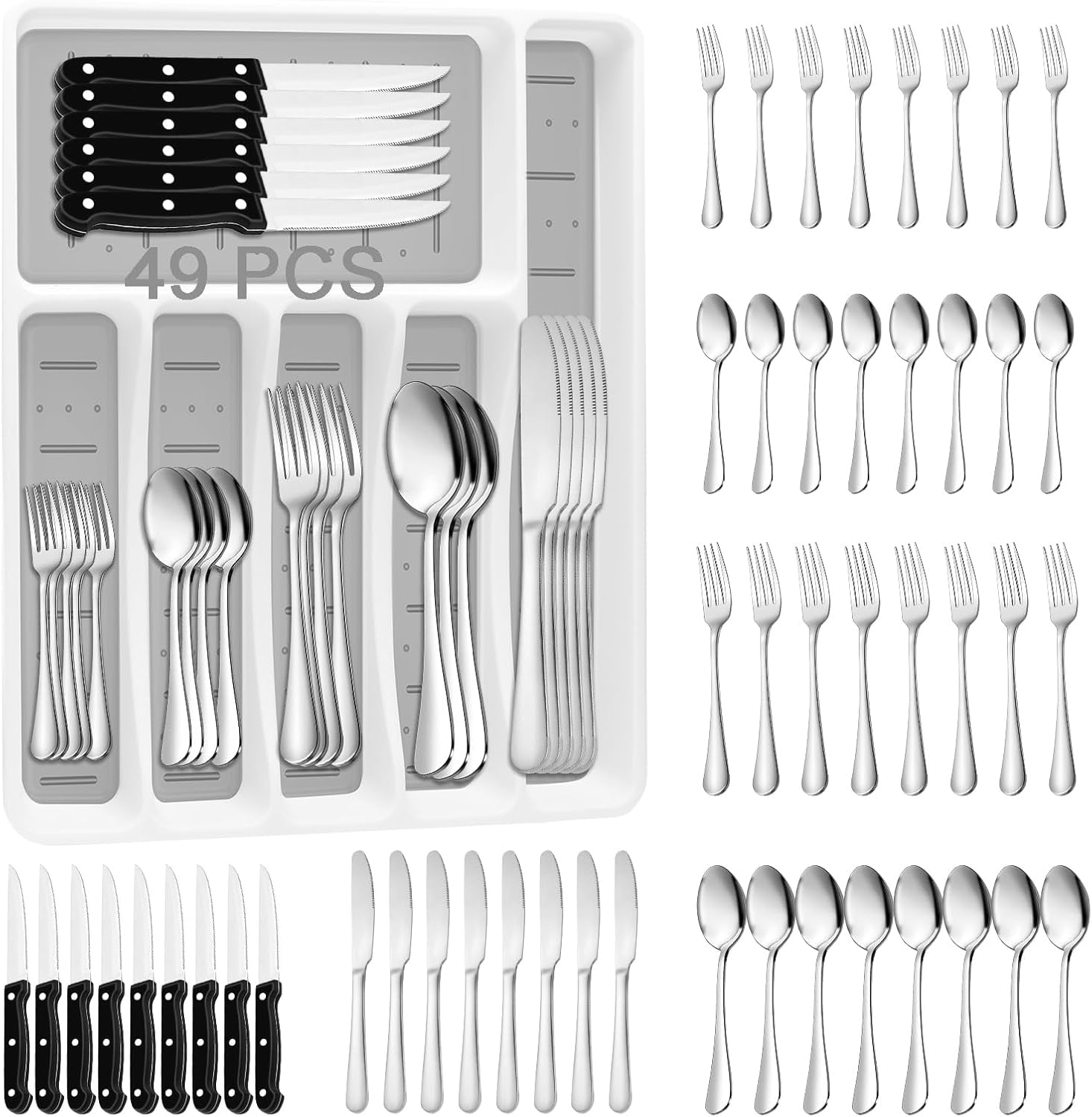 49PCS Silverware Set with Organizer, Stainless Steel Flatware Drawer ...