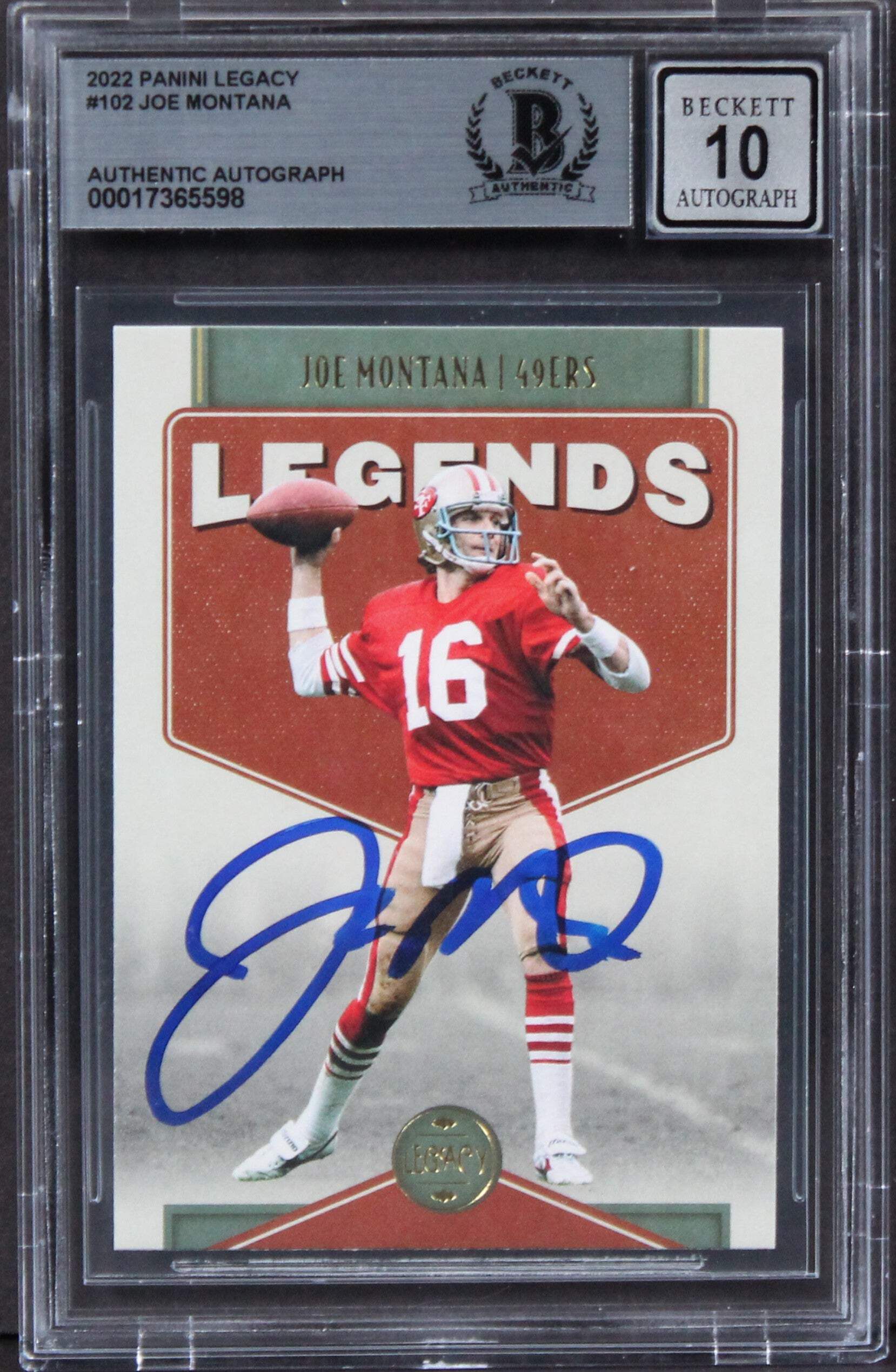 49ers Joe Montana Signed 2022 Panini Legacy #102 Card Auto Graded 10! BAS Slab - Walmart.com