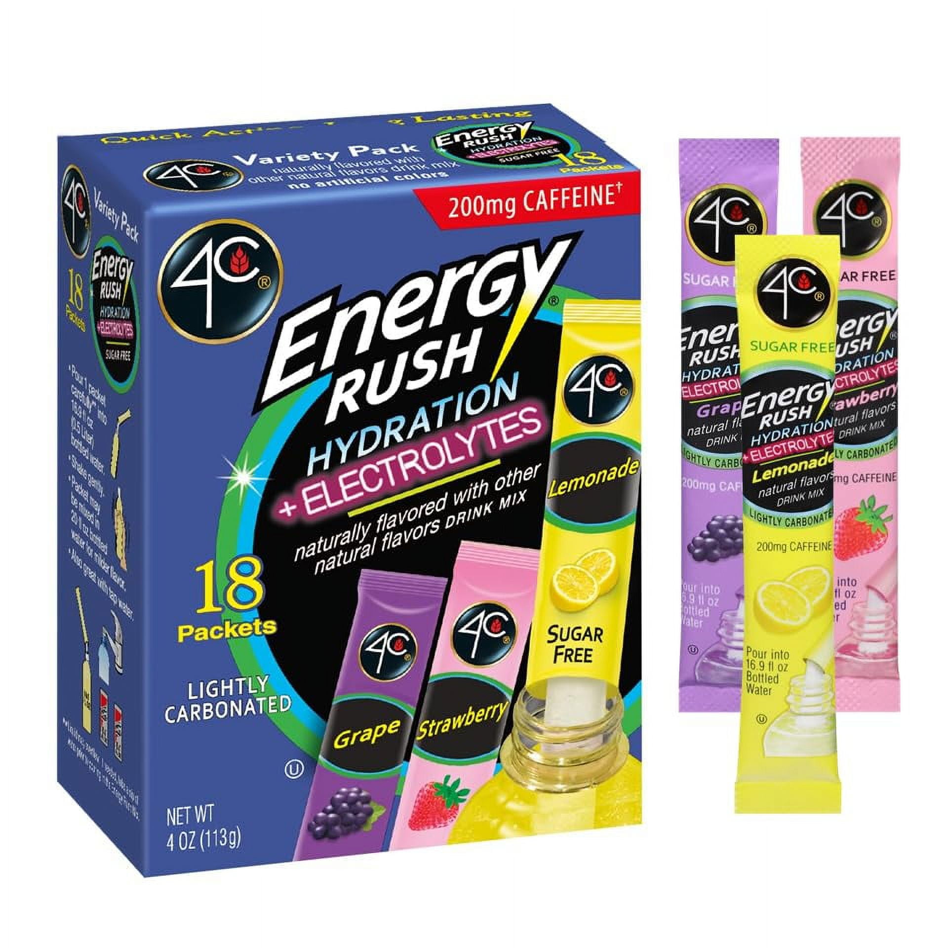 4C Energy Rush Stix Hydration Variety Pack, Lemonade, Strawberry, Grape ...