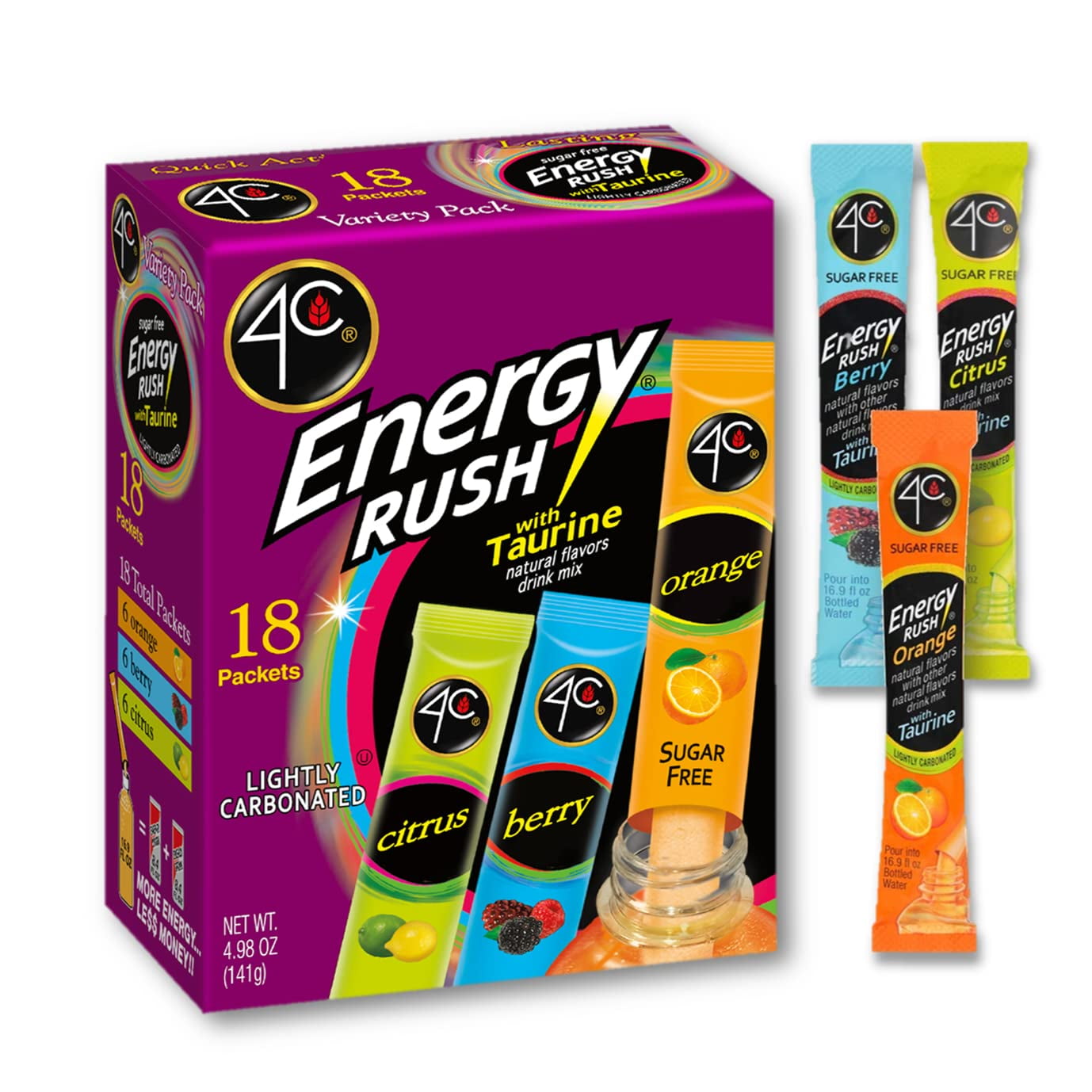 4C Energy Rush Stix, Variety 1 Pack, 18 Count, Single Serve Water Flavoring Packets, Sugar Free ...