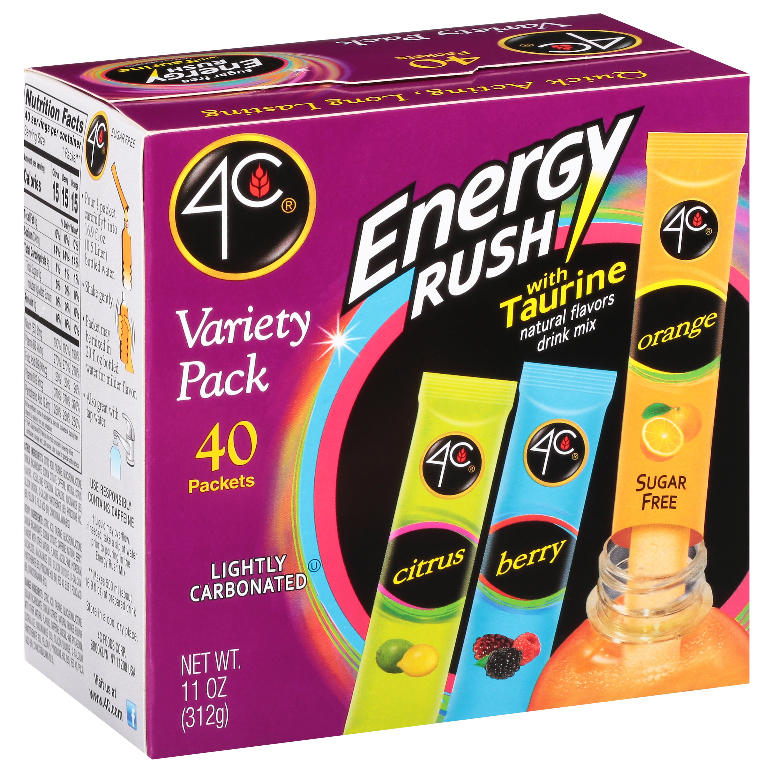 4C Energy Rush Sugar-Free Drink Mix Packets with Taurine, Variety ...