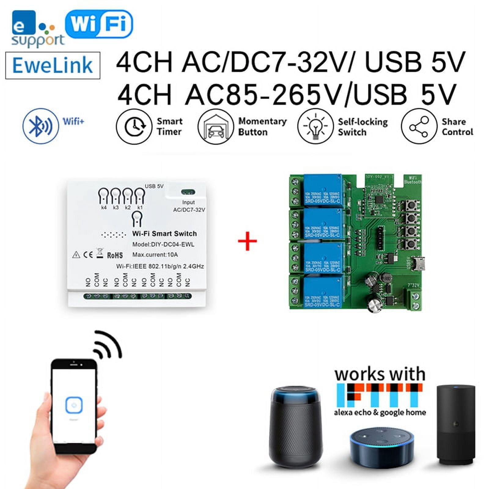 4CH WiFi Smart Switch 85-265V USB 5V 2.4G WiFi Home Automation Module ...