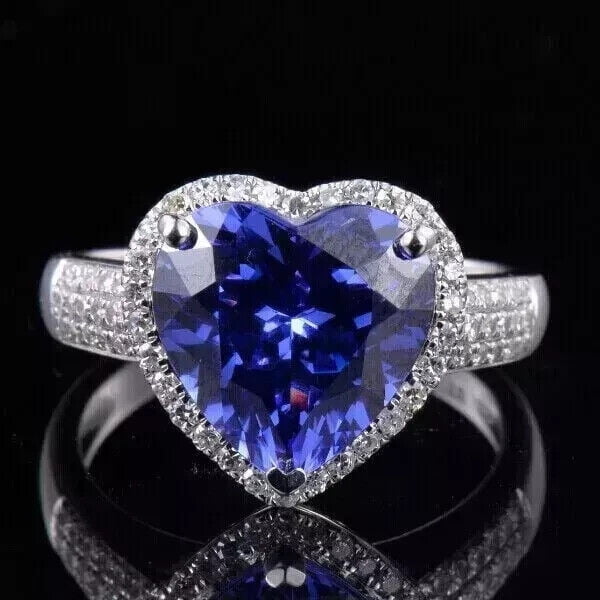 4CT Heart Cut Lab Created Blue Tanzanite Halo Wedding Ring 14K White ...