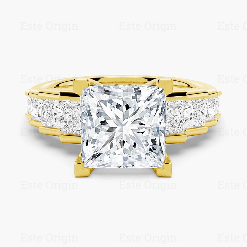 4CT Princess Cut Moissanite Diamond Prong set Engagement Ring for Women, 10K Yellow Gold, US 8 ...