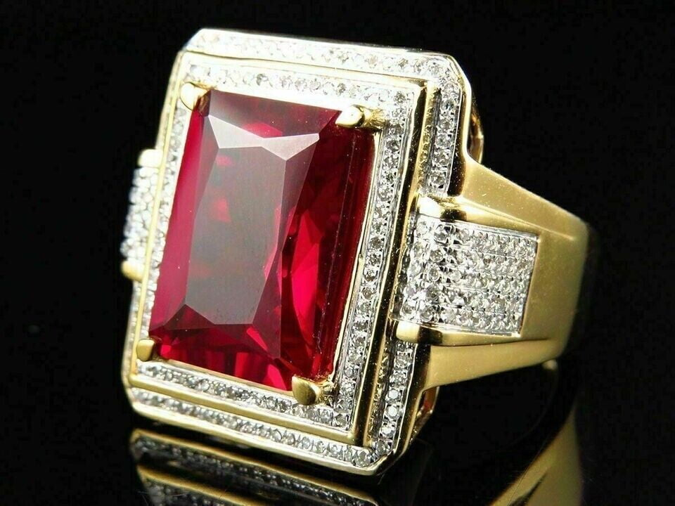 4Ct Emerald Cut Lab Created Red Ruby Men's Halo Ring In 14K Yellow Gold ...