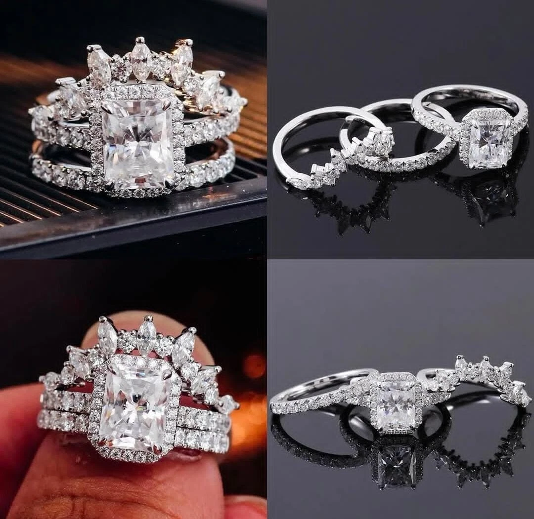 4Ct Emerald Cut Simulated Diamond Women's Trio Set Halo Wedding Ring 14K White Gold Plated 925 ...