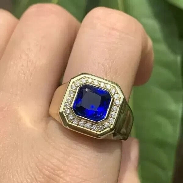 4Ct Lab Created Blue Sapphire Diamond 14K Yellow Gold Plated Men's ...