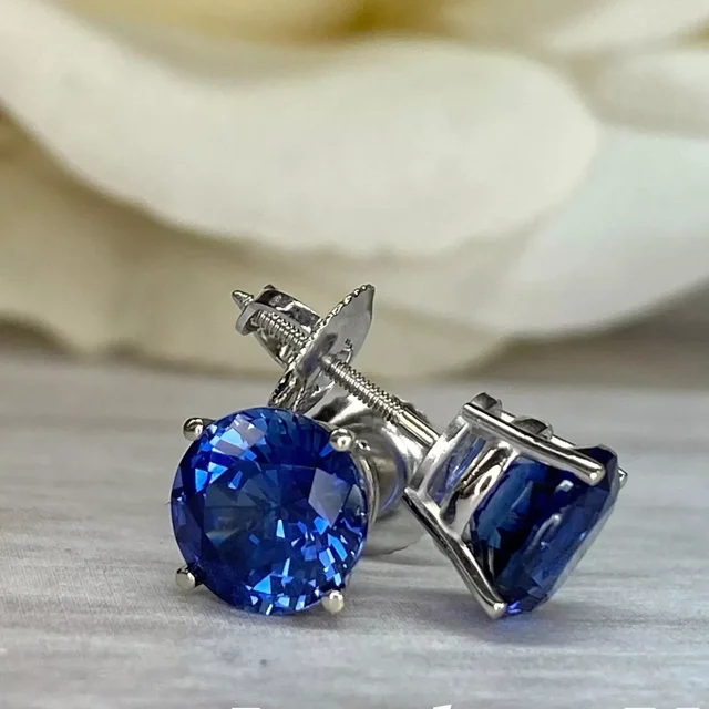 4Ct Round Cut Lab Created Blue Sapphire Solitaire Stud Earrings In 14K ...