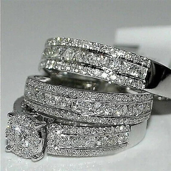 4Ct Round Cut lab created Diamond Wedding Trio Ring Set 14k White Gold ...
