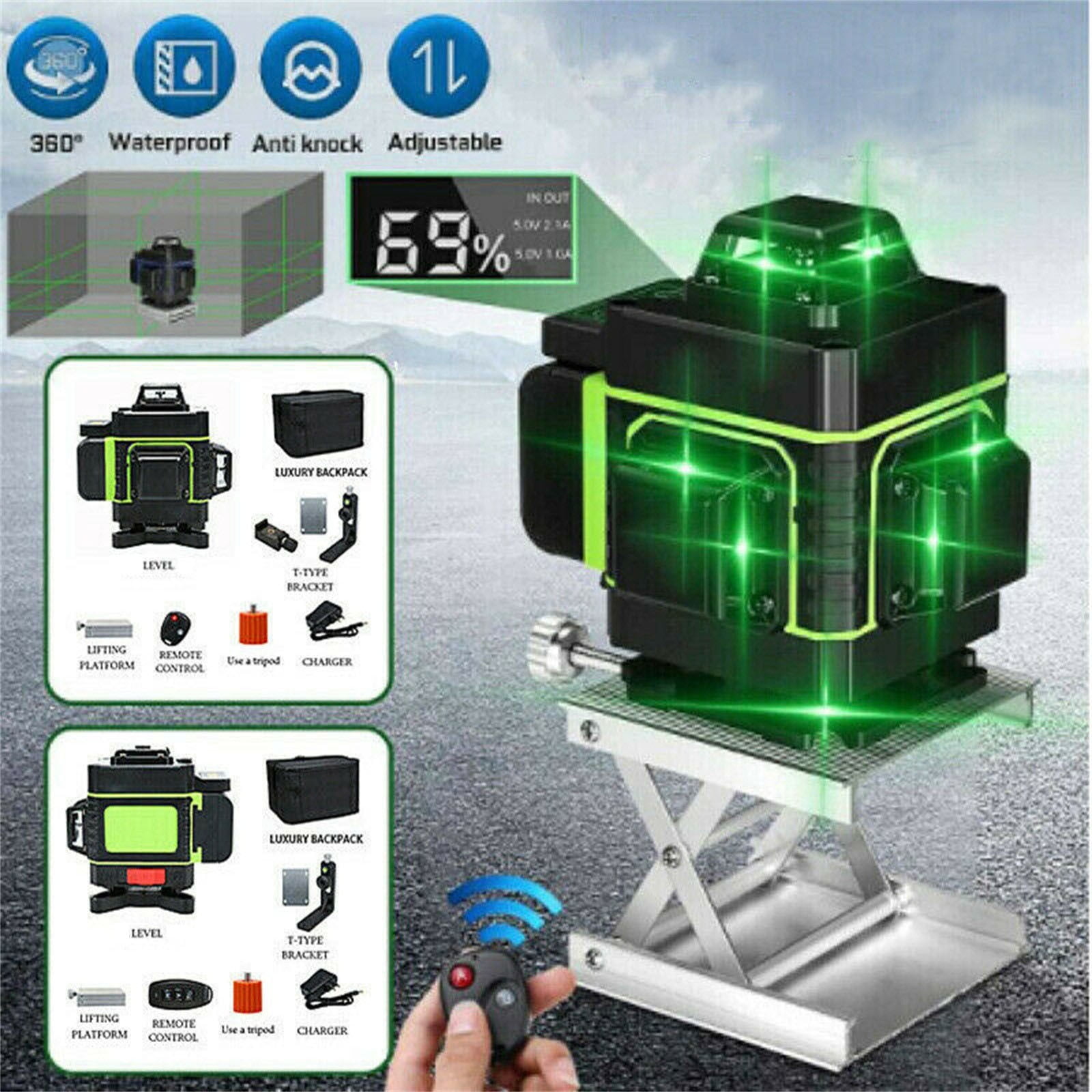 4D Rotary Measuring Tool, 360 Green Beam Level, 16-Line Laser, Compact ...