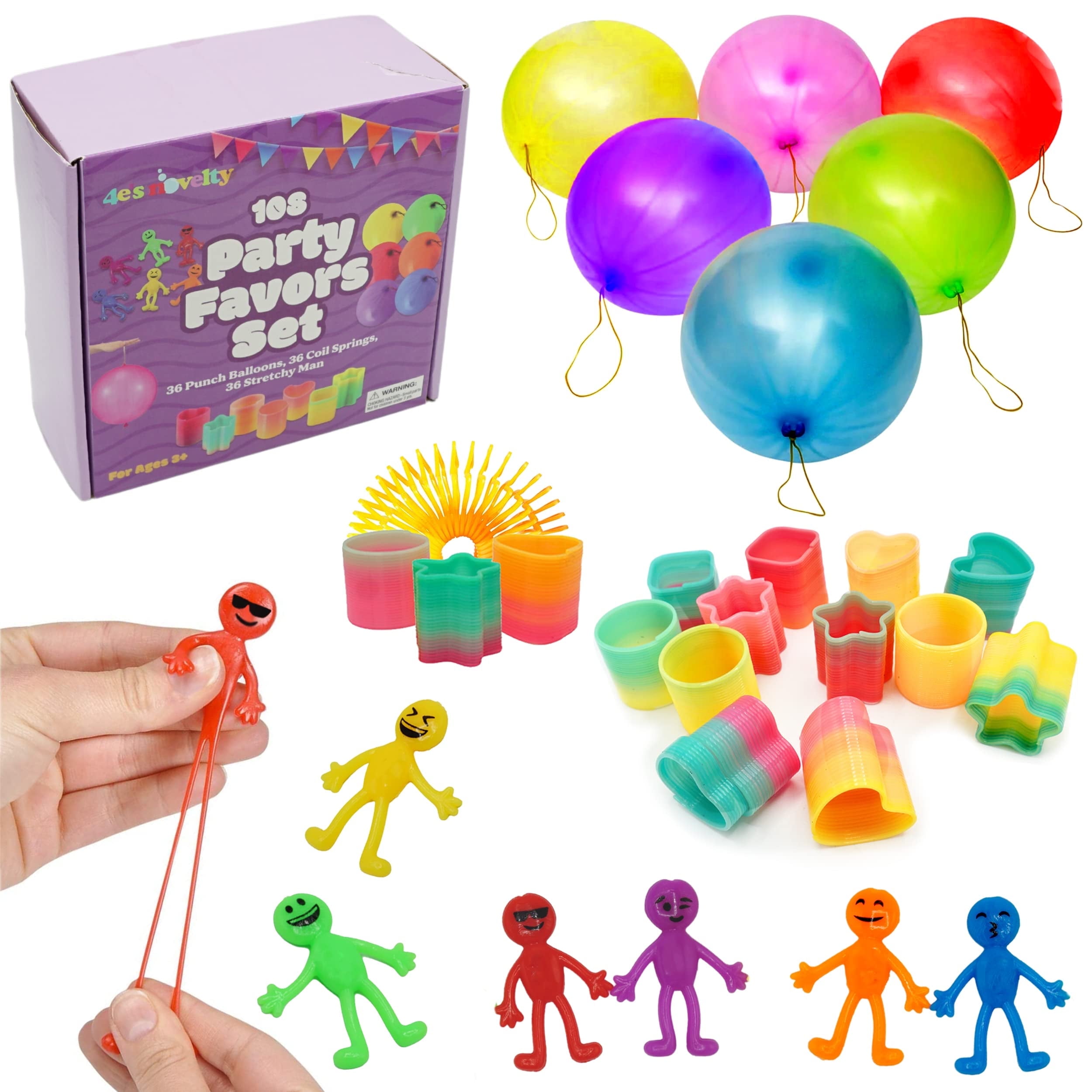4E's Novelty 108 Pcs Party Favors for Kids - Punch Balloons, Coil Springs, Stretchy Men ...