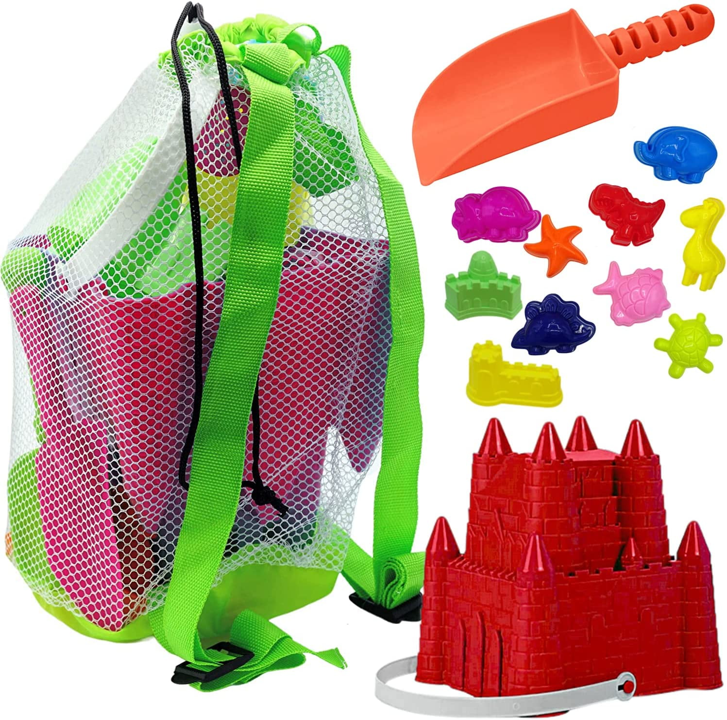4E's Novelty Beach Toys for Kids with Bag (13 Pcs Set) Sand Castle Beach Bucket with Shovel ...
