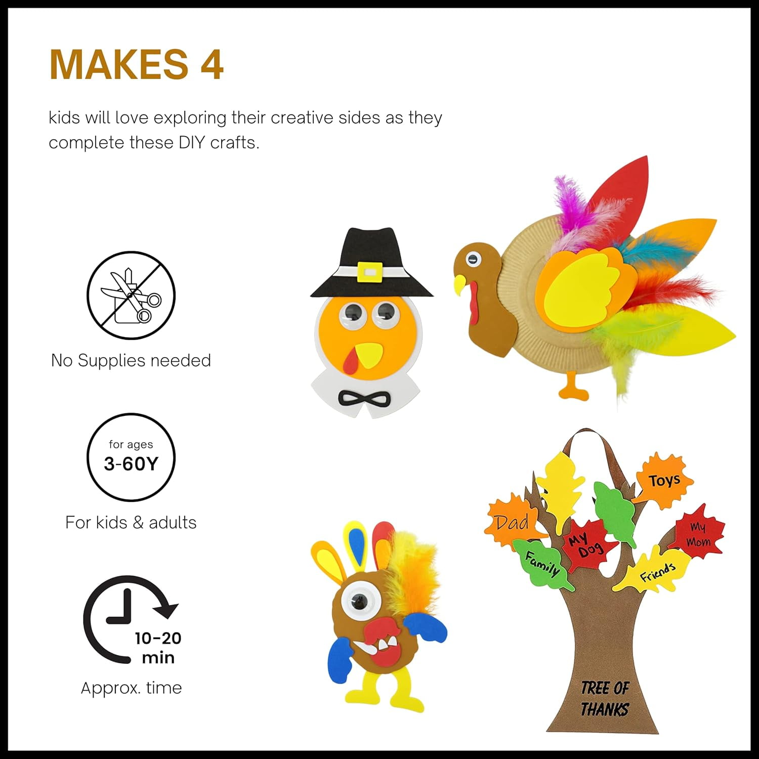4E's Novelty 4pcs Thanksgiving Craft for Kids- Turkey Plate, Pilgrim ...