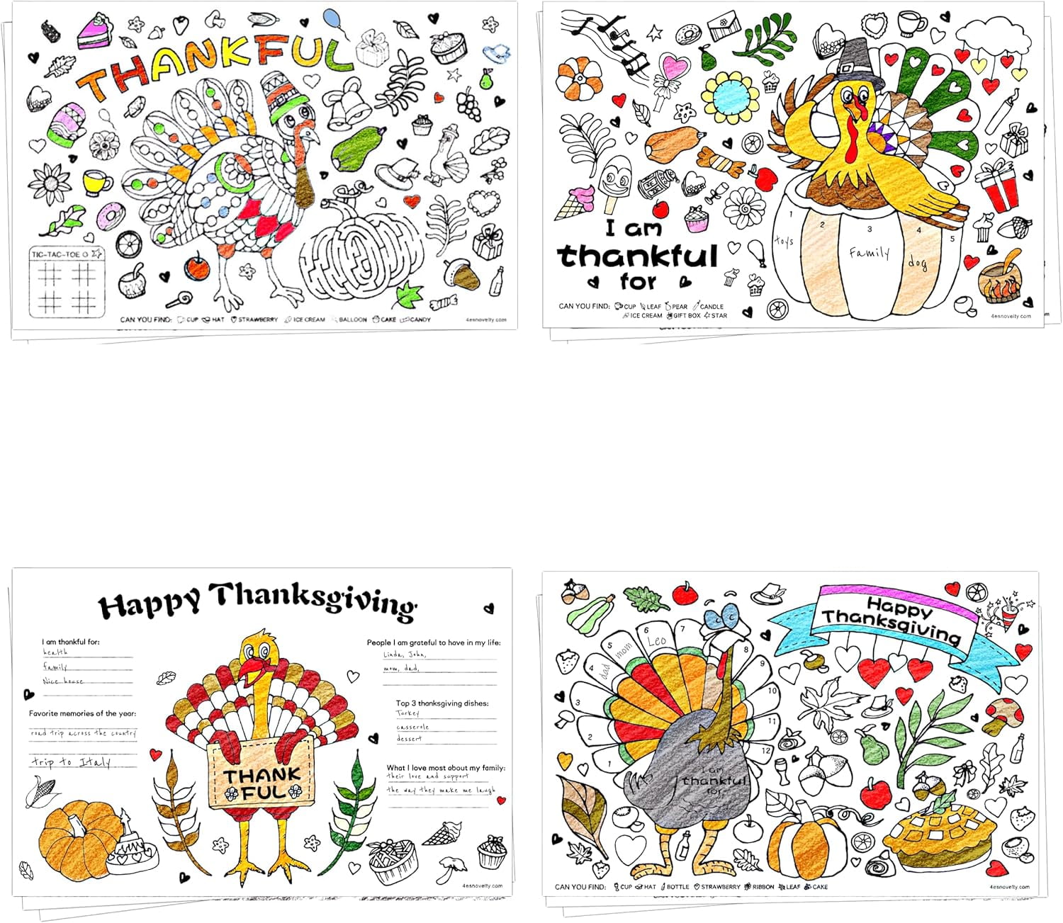 4E's Novelty 12 Pack Thanksgiving Placemat Activity for Kids & Adults ...