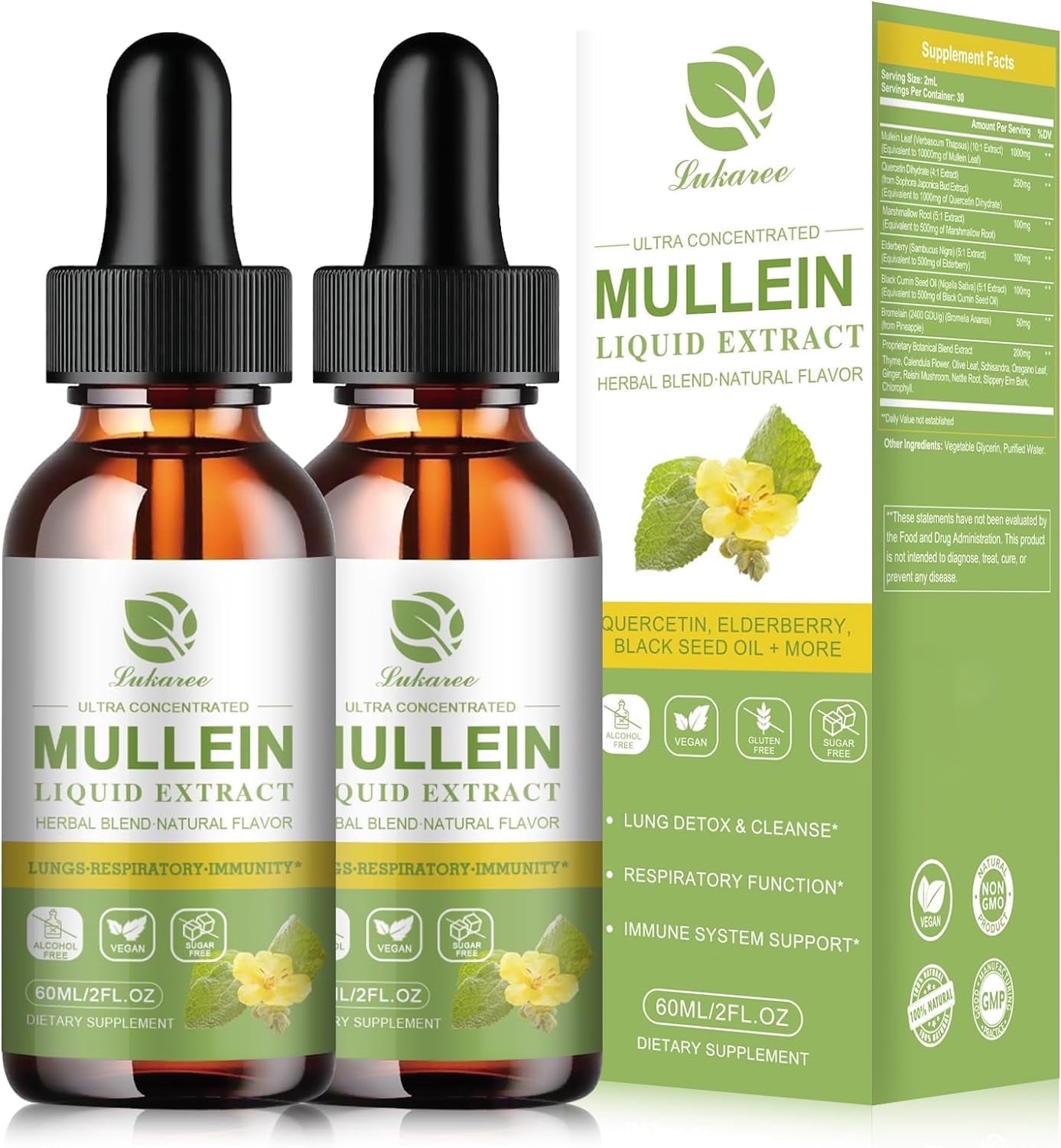 (2 Pack)Mullein Drops for Lungs - Vegan Mullein Leaf Extract Liquid ...