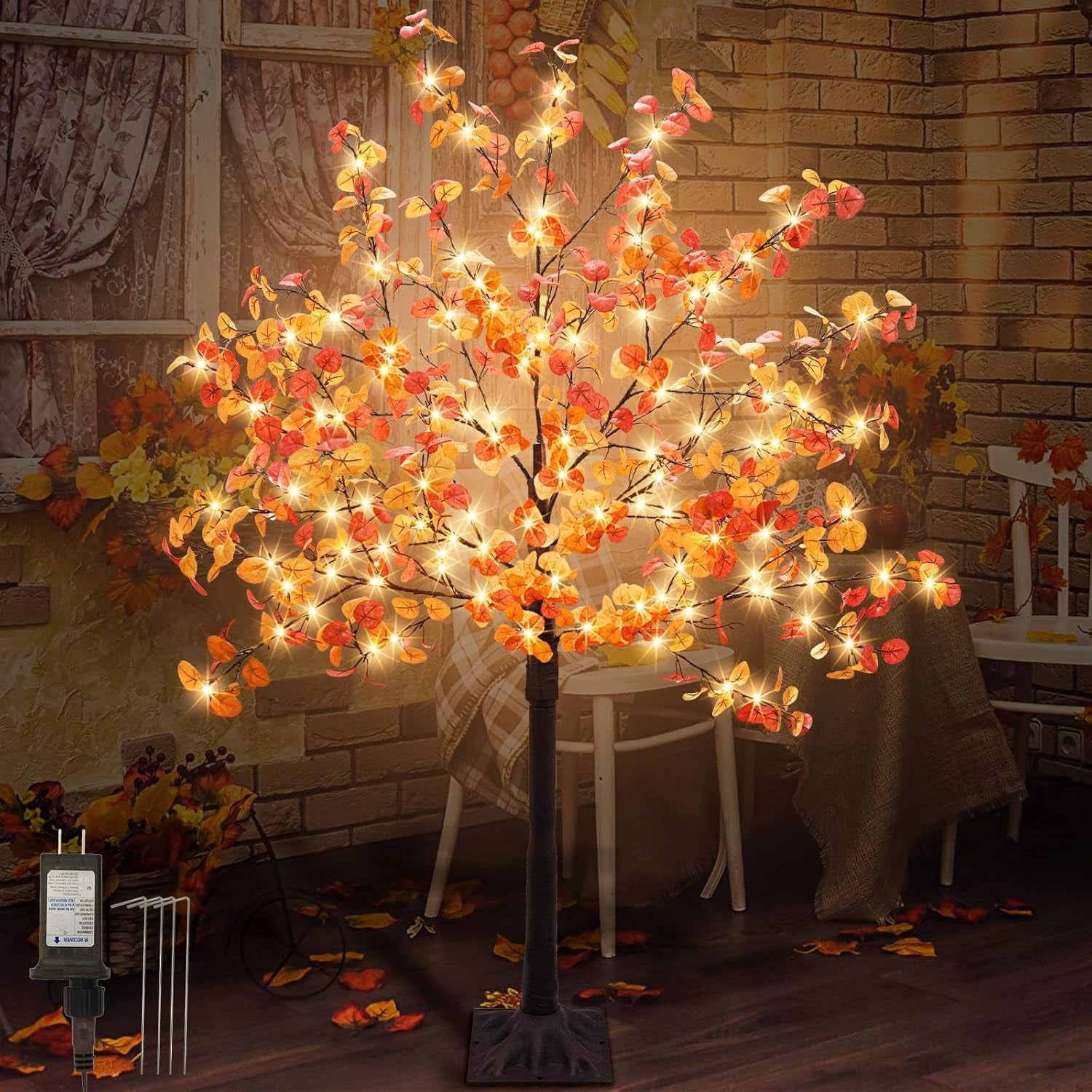 4FT 140LED Lighted Fall Eucalyptus Tree Thanksgiving Fall Decorations ...