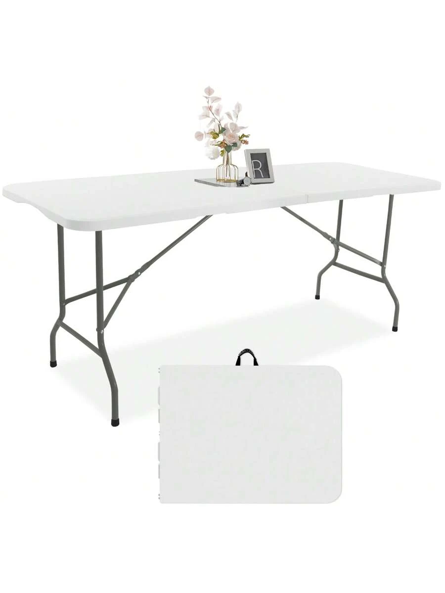 4FT/5FT/6FT/8FT Folding Tables White Foldable Table, Fold-In-Half With Carrying Handle Portable ...