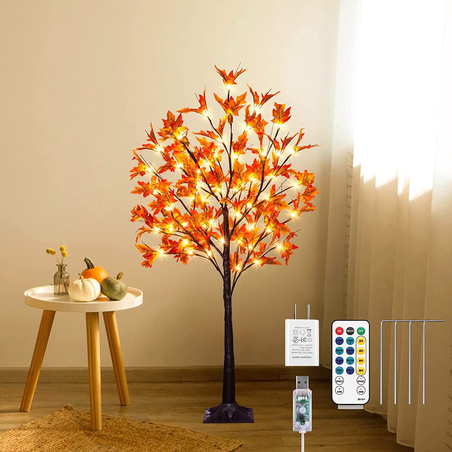 4FT 60LED Lighted Maple Tree - Decor Artificial Fall Tree with 6 Acorn ...