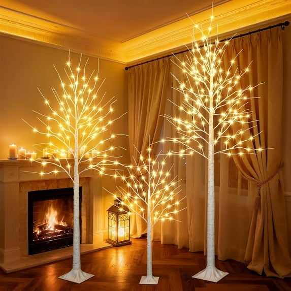 4FT 6FT and 8FT Birch Trees, Set of 3 Lighted Birch Tree LED Artificial ...