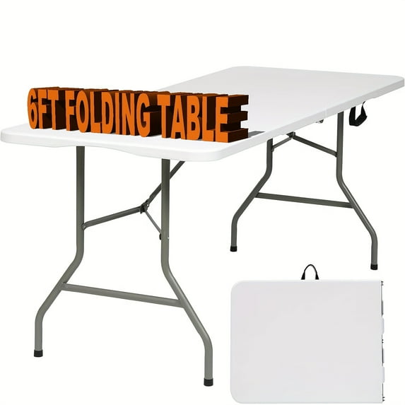 4FT/6FT White Heavy-Duty Plastic Folding Table - Portable Rectangular Banquet Table with Handle ...