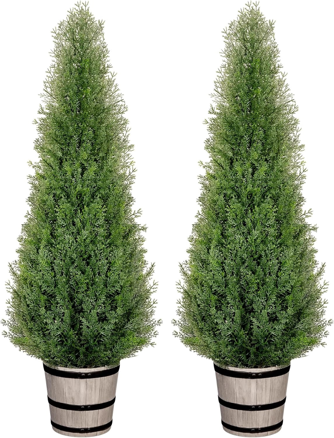 4FT Artificial Cedar Topiary Trees with Rustic Barrel Planter, Outdoor ...