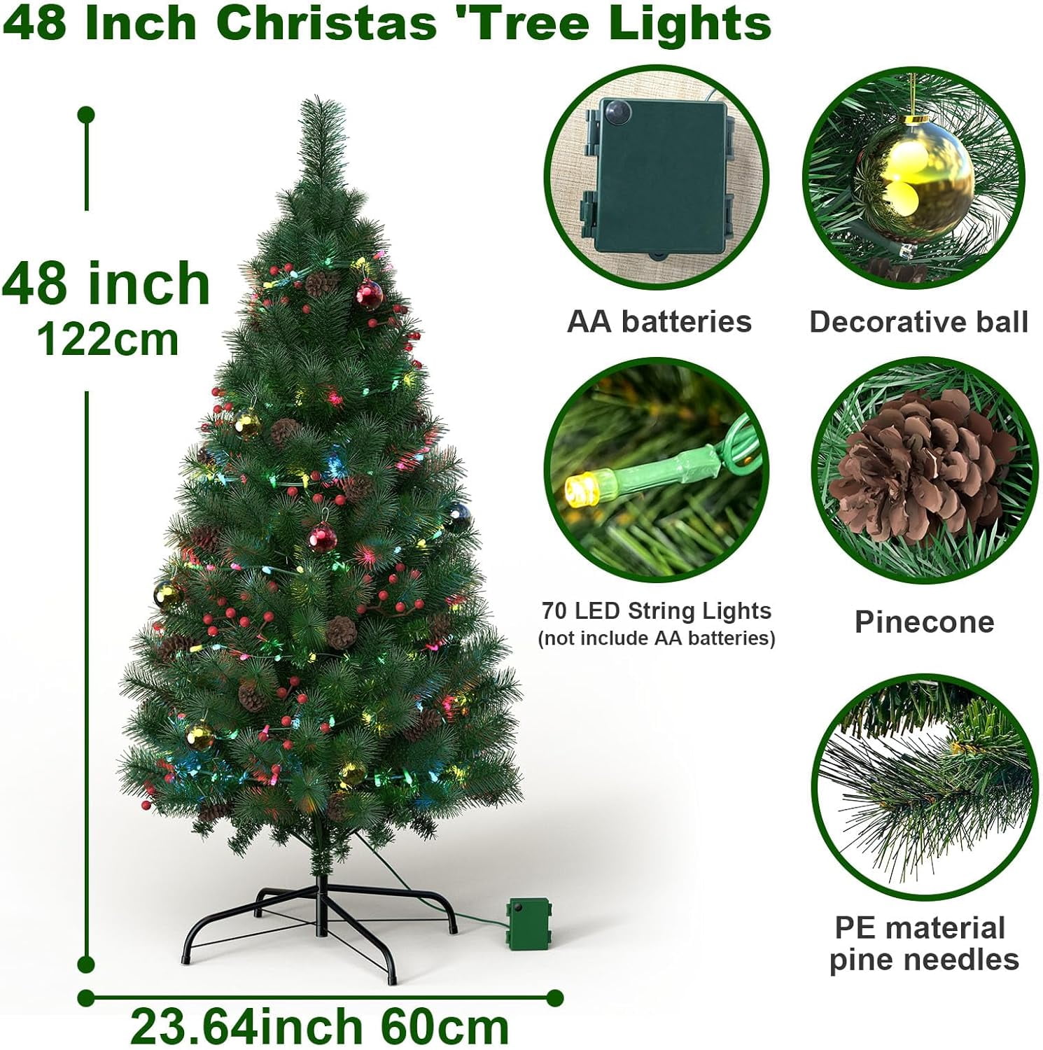 4FT Artificial Christmas Tree with 70LED Lights, 8 Modes Xmas Tree with ...