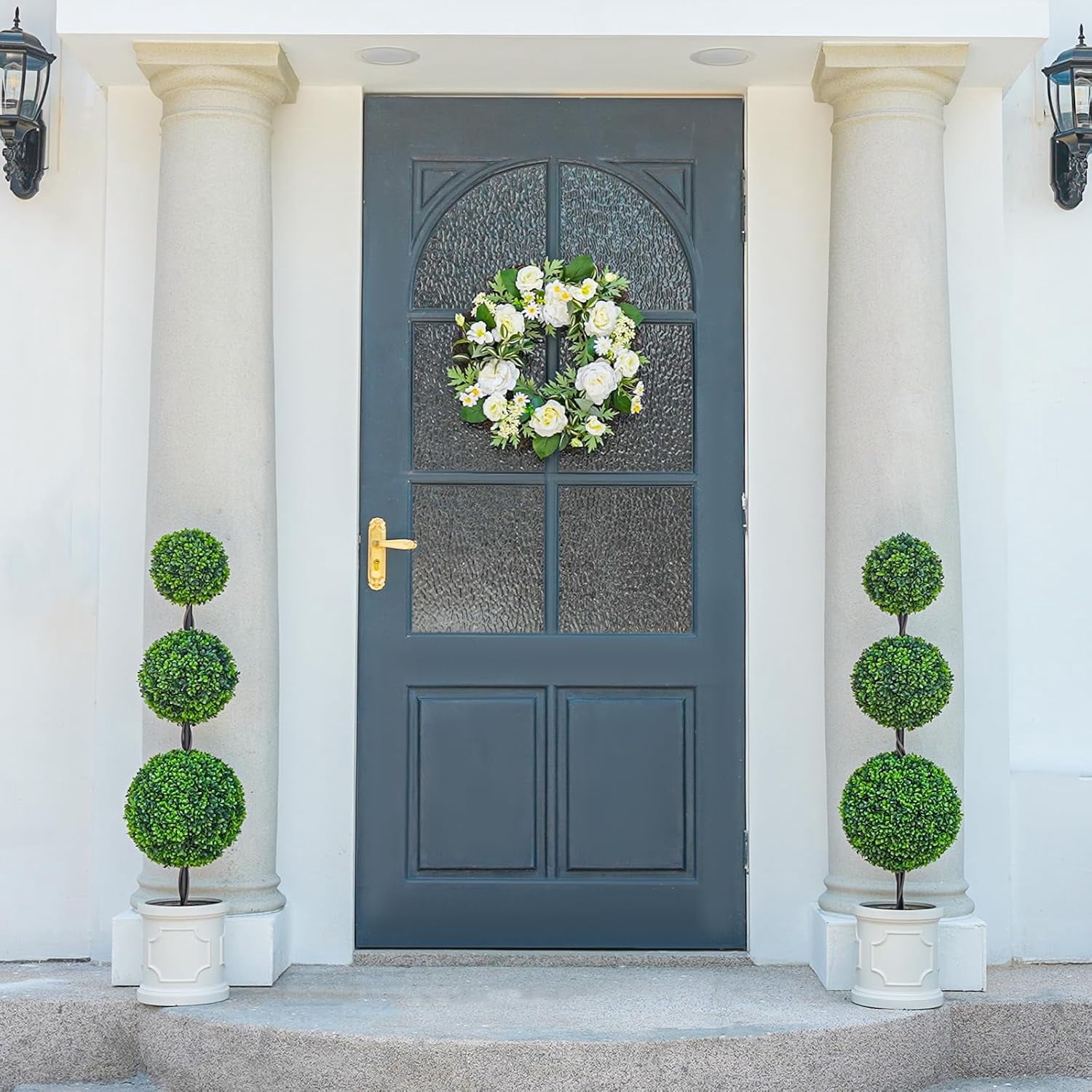 4FT Artificial Triple Ball Topiary Trees with Roman Style Vintage White ...