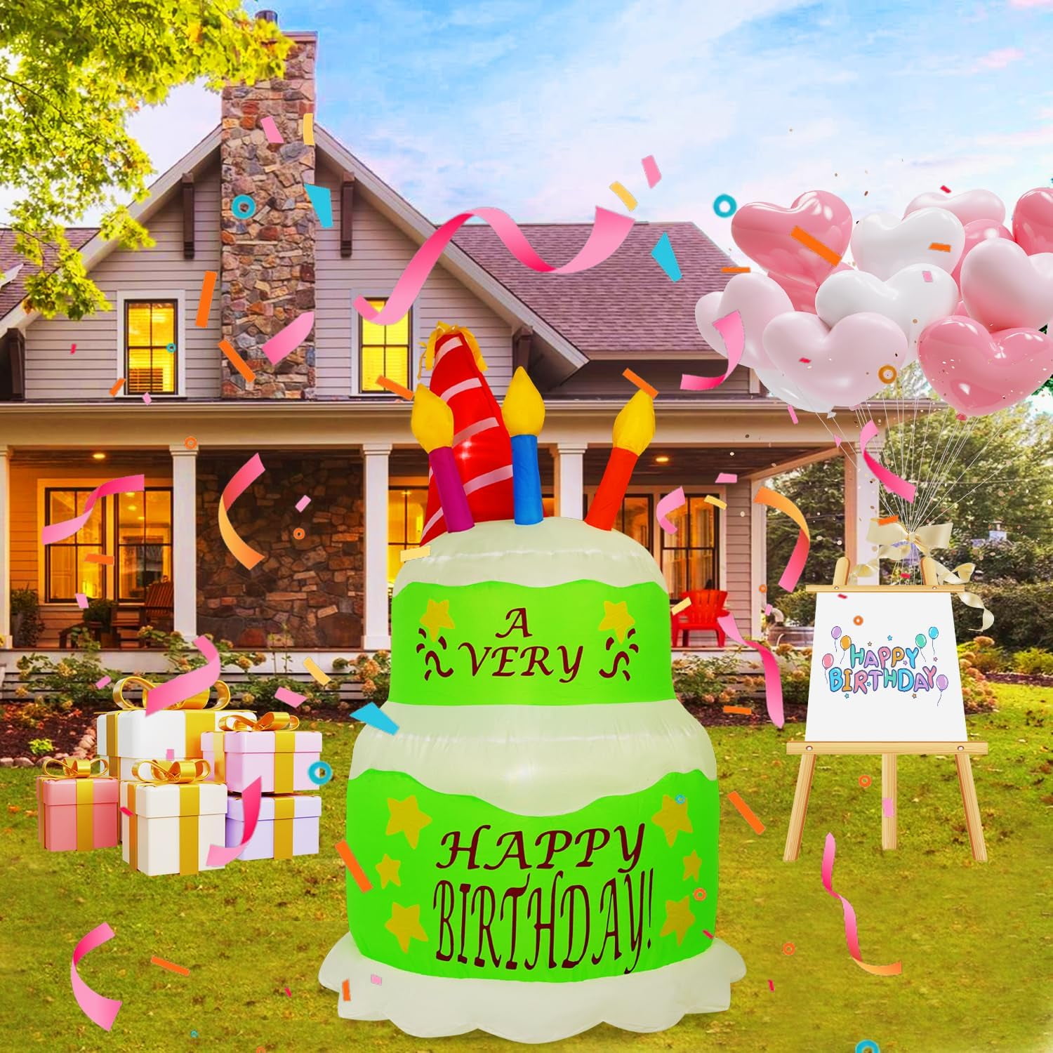 4FT Birthday Cake Birthday Party Outdoor Inflatable Decoration with LED ...